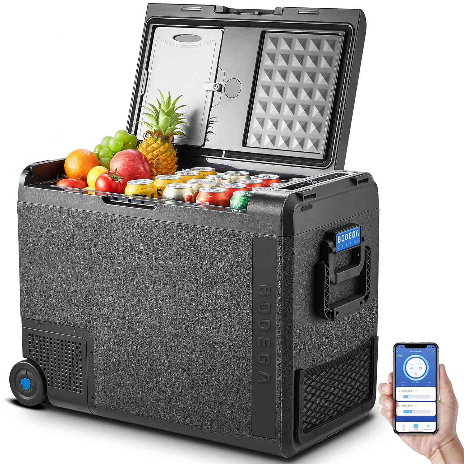 BODEGACOOLER Electric Car Fridge and Freezer Dual Compartment with Whe