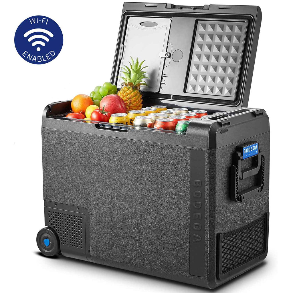 BODEGACOOLER Electric Car Fridge and Freezer Dual Compartment with Whe